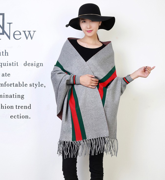 Trendy Striped Shawl Poncho with arm holes and Tassels SCARF11 ...