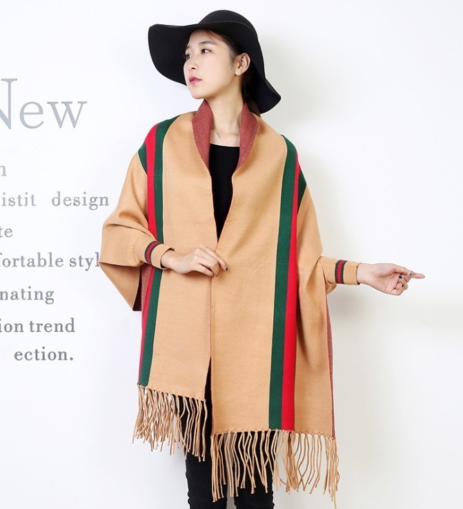 Trendy Striped Shawl Poncho with arm holes and Tassels SCARF11 ...