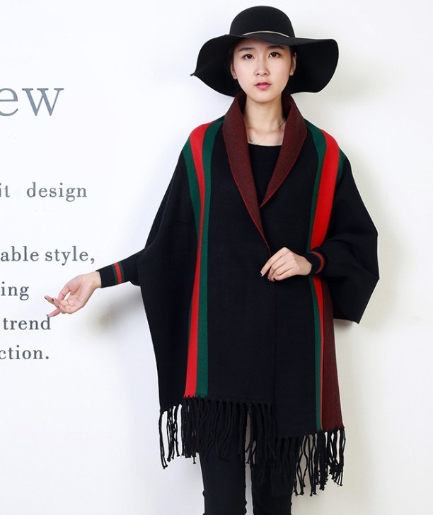 Trendy Striped Shawl Poncho with arm holes and Tassels SCARF11 ...