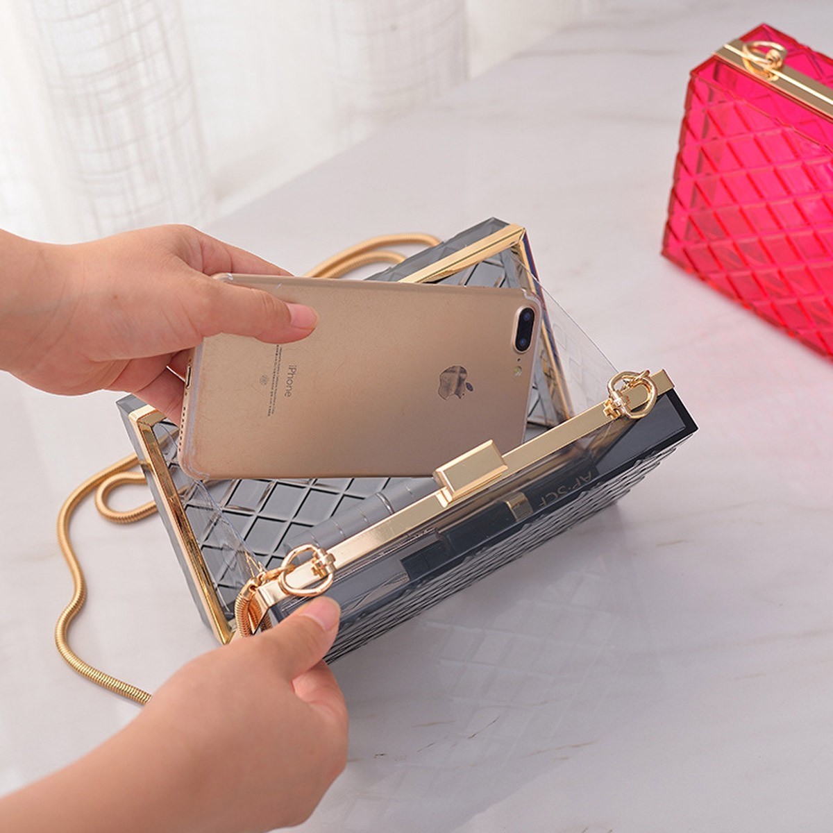 CLEAR ACRYLIC BOX CLUTCH WITH CHAIN > Boutique Handbags > Mezon Handbags