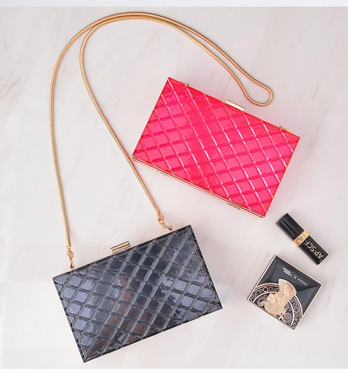CLEAR ACRYLIC BOX CLUTCH WITH CHAIN > Boutique Handbags > Mezon Handbags