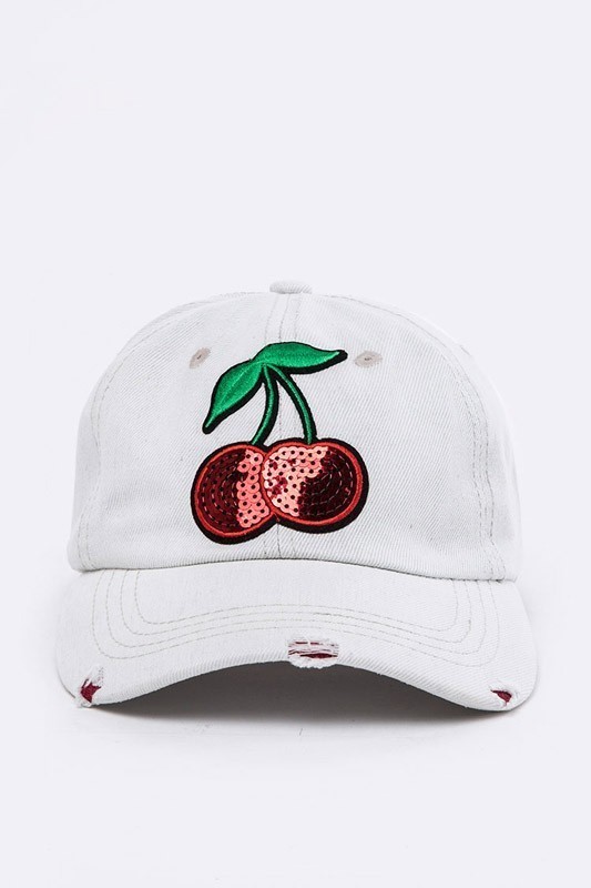 Sequins Cherry Distressed Bleached Denim Cap LA-EMH8643U > Hats , Caps ...