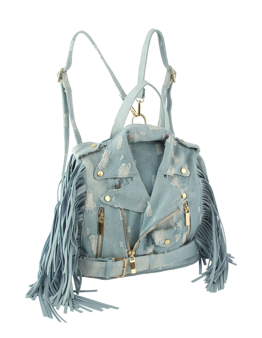 Vintage Denim Motorcycle Jacket Fringe Backpack > Shoulder Bags ...