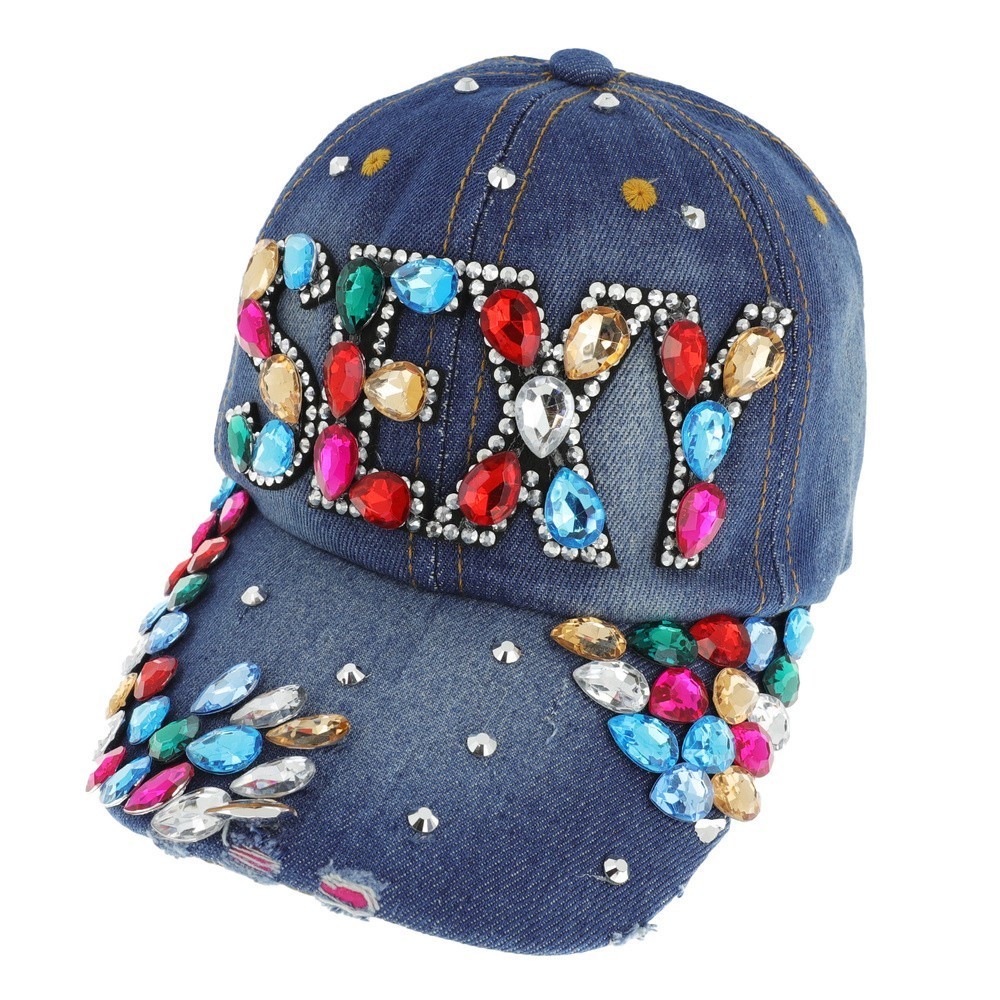"SEXY" Large Colorful Gems Stoned on Distressed Denim Cap MEZ2568 ...