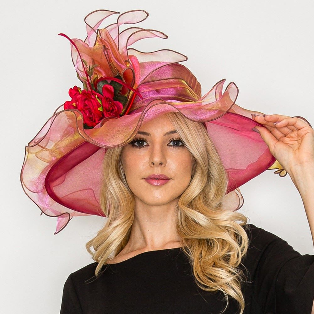 2 in 1 LARGE BRIM Organza FLAT TOP HAT and FLORAL FASCINATOR MEZ2993 ...