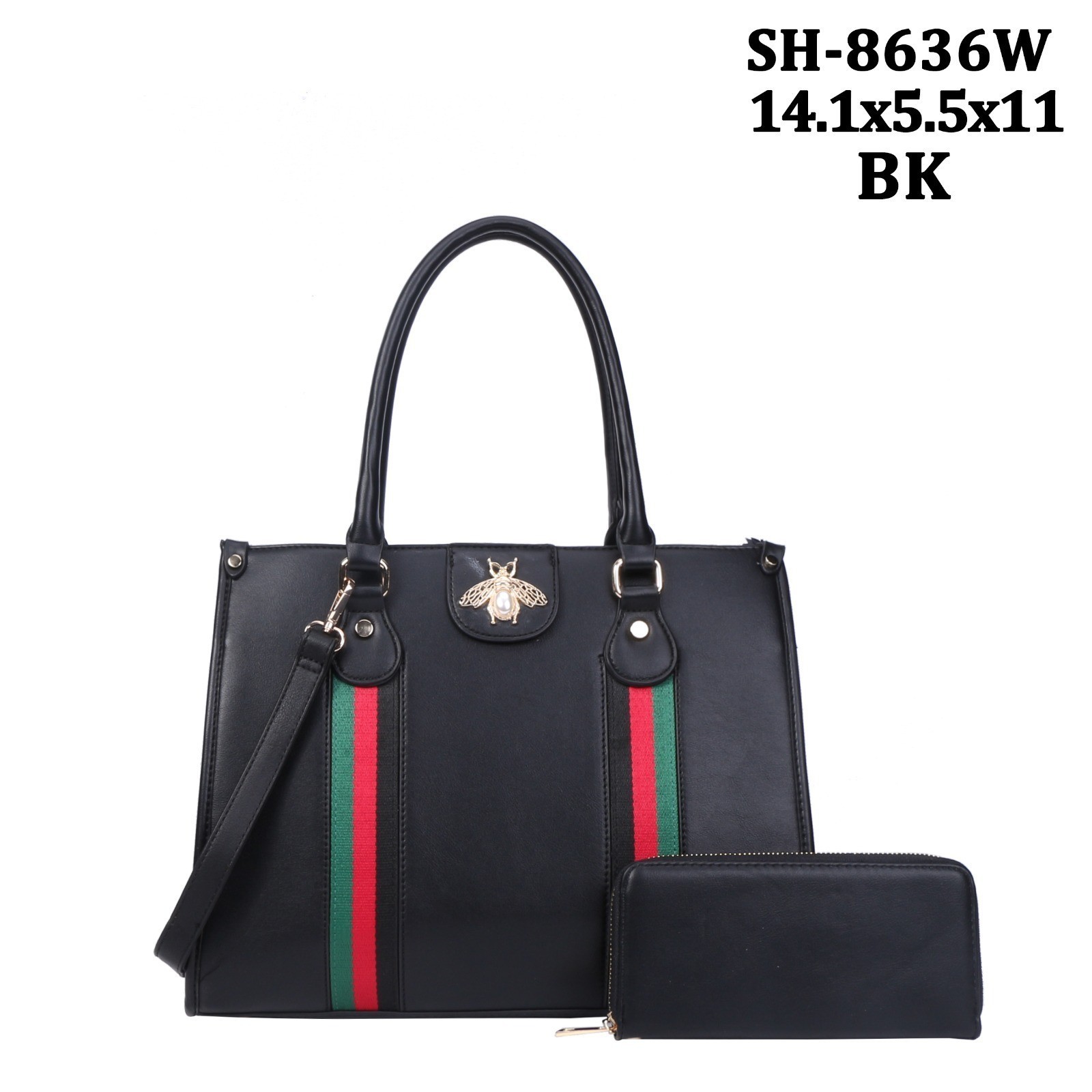 2 IN 1 TOP HANDLE QUEEN BEE STRIPED SATCHEL WALLET SET SH-8636W ...