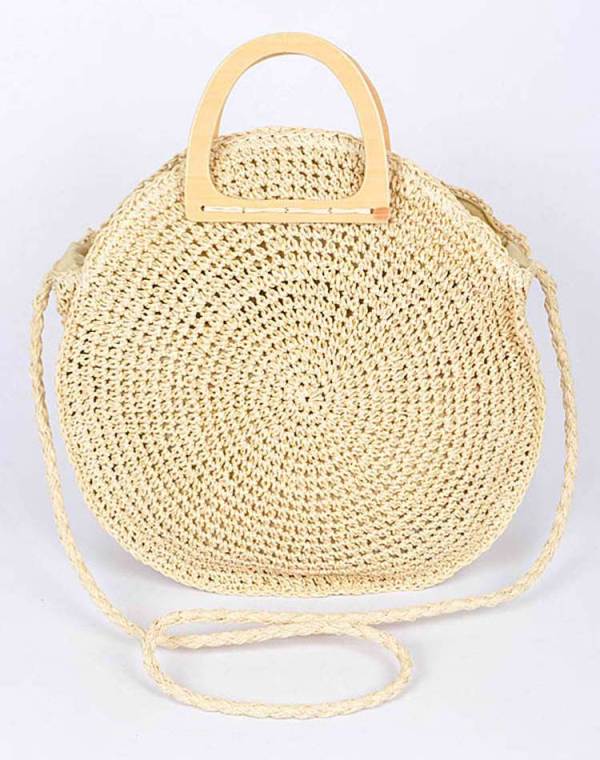 Wooden Handle Round Straw Bag LA-PPC6498 > Straw Bags > Mezon Handbags