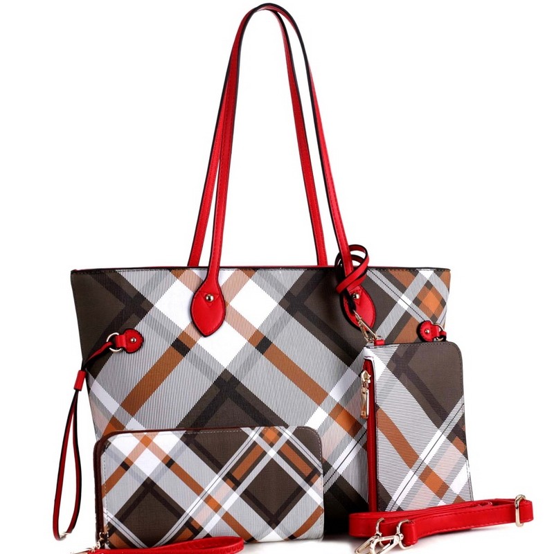 CHECKERED 3 IN 1 TOTE WALLET & WRISTLET SET MH-EW3515 > Wallets > Mezon ...