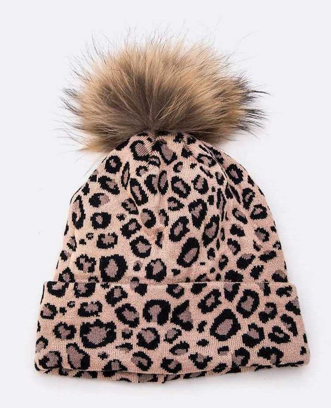 Leopard Print Fur Pom Knit Beanie LAEMH9082 > Winter Beanies > Mezon ...