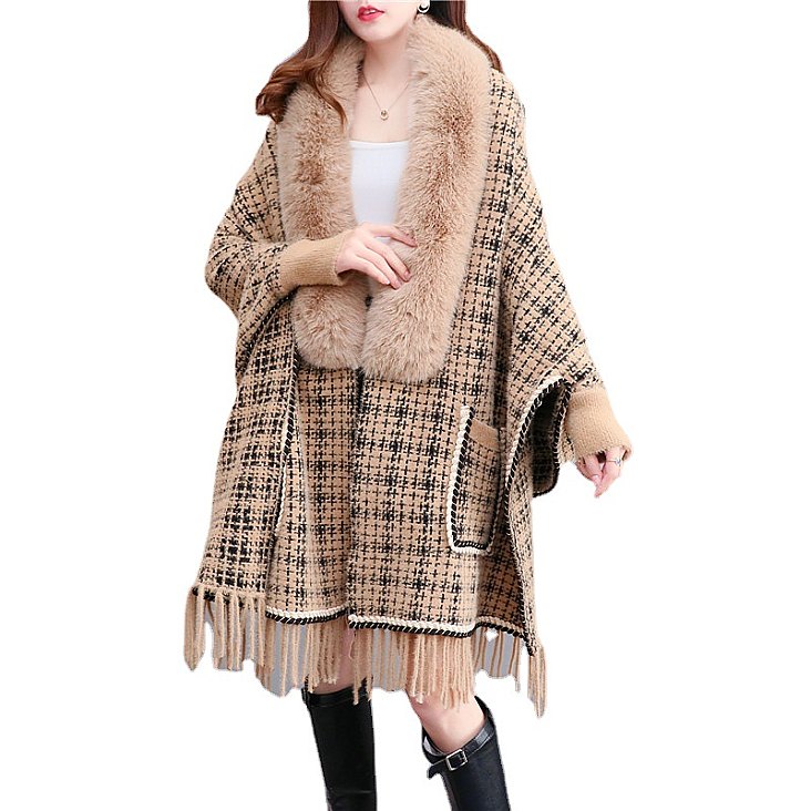 Winter Warm Checker Quality Shawl Cape With Fur > Plus Size Tops ...