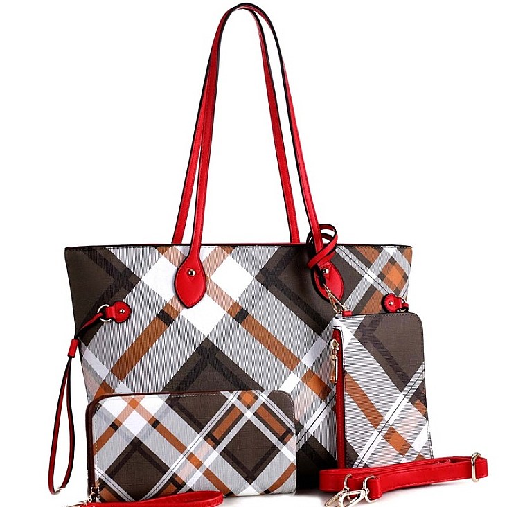 CHECKERED 3 IN 1 TOTE WALLET & WRISTLET SET MH-EW3515 > Wallets > Mezon ...