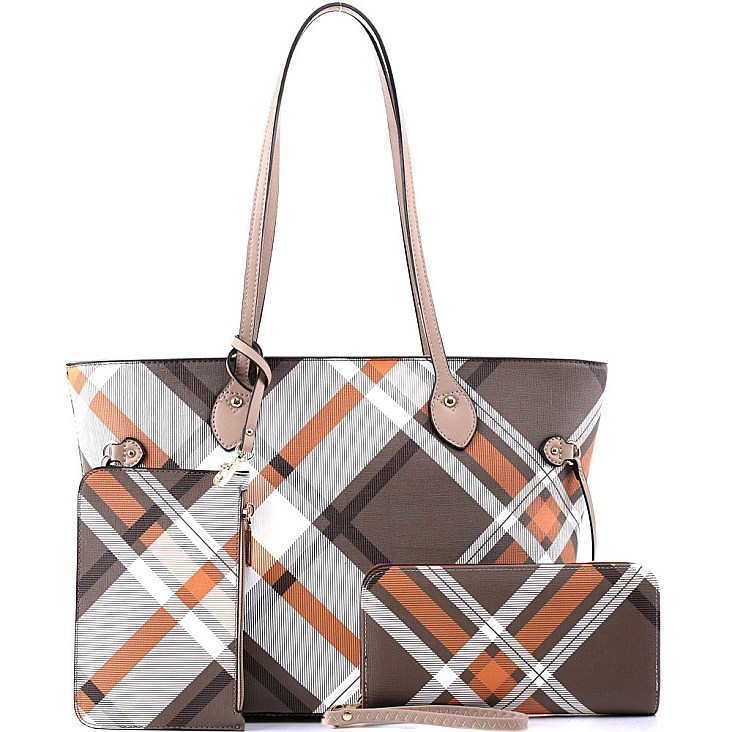 CHECKERED 3 IN 1 TOTE WALLET & WRISTLET SET MH-EW3515 > Wallets > Mezon ...