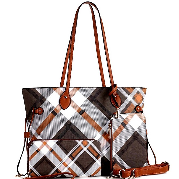 CHECKERED 3 IN 1 TOTE WALLET & WRISTLET SET MH-EW3515 > Wallets > Mezon ...