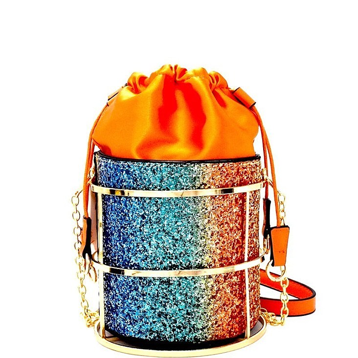 L0149-LP Unique Satin Drawstring Bag Glittery Framed Bucket Shoulder ...